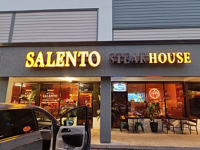 As evening falls, Salento's warm glow invites you in like an old friend. Those illuminated letters are sending smoke signals to serious steak enthusiasts.