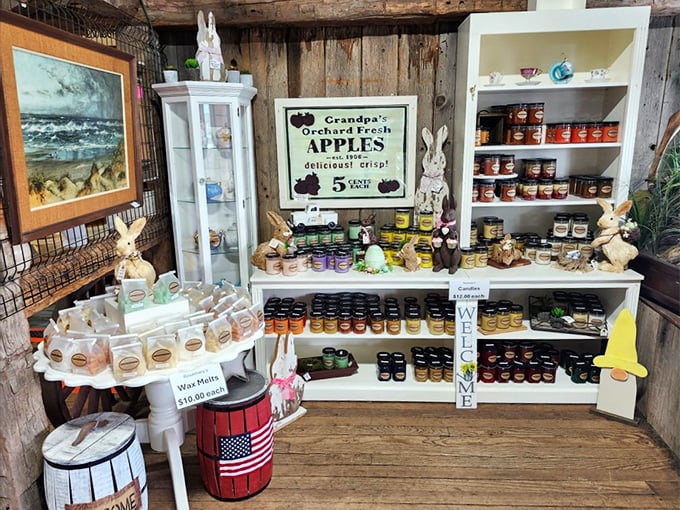 Homemade jams line these shelves like edible jewels—a rainbow of country flavors surrounded by whimsical bunnies and vintage charm.