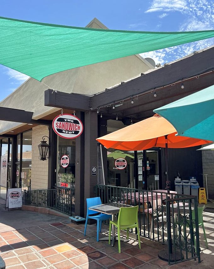 The colorful shade sails create a perfect desert oasis for enjoying sandwiches under California sunshine.