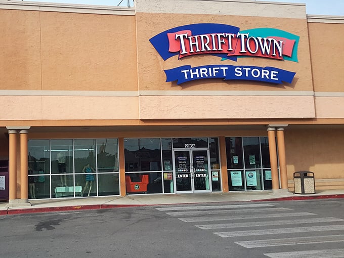 Retro sign, modern bargains. Thrift Town's colorful marquee invites shoppers into a world of second-hand wonders.