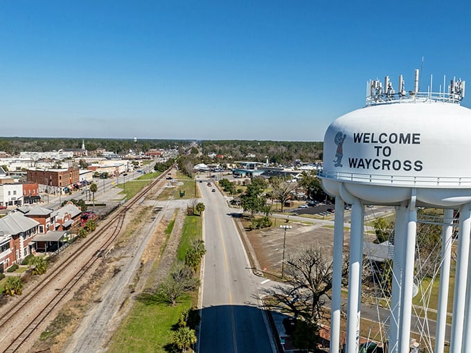 Waycross announces itself boldly from its iconic water tower, standing tall against the blue Georgia sky and welcoming travelers to its affordable community.