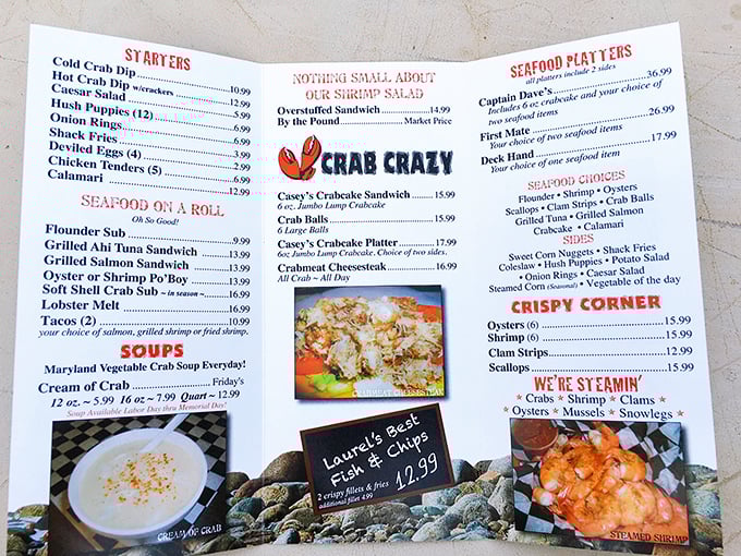 This menu isn't just a list—it's a treasure map to seafood nirvana. "Crab Crazy" isn't just their logo, it's the condition you'll develop after one visit.