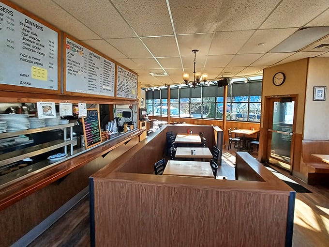 Classic diner booths where countless late-night philosophies have been debated over coffee and hotcakes since before hipsters discovered Portland.