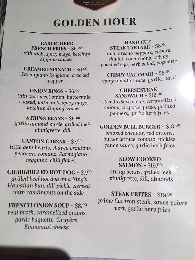 The Golden Hour menu reads like a love letter to classic American comfort food, with prices that won't send you into cardiac arrest.