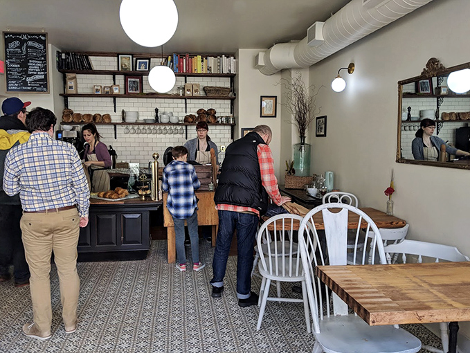 Inside, minimalist décor lets the baked goods be the stars, while the patterned floor tiles add just enough character to make you feel at home.