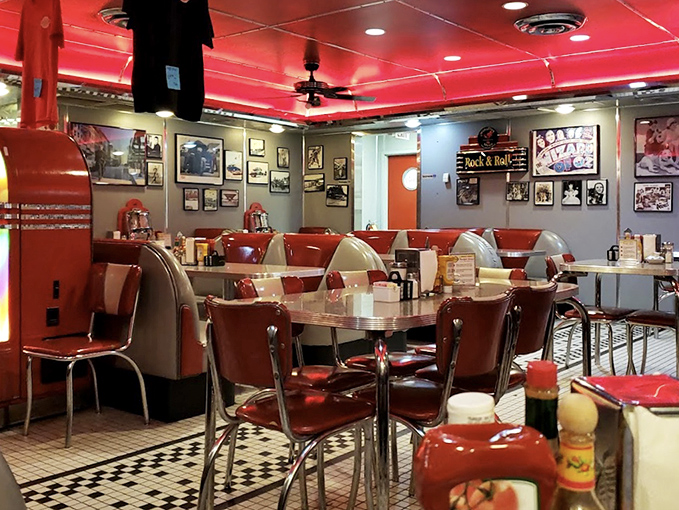 Step into a time machine of taste – red vinyl booths, chrome accents, and rock memorabilia create the perfect backdrop for morning masterpieces.