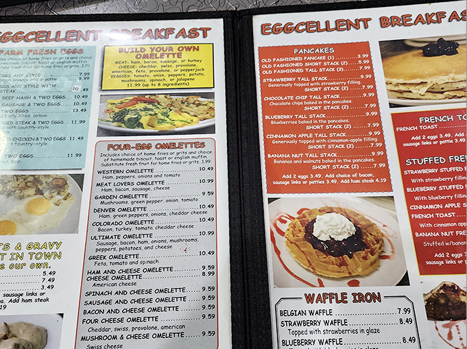 The menu reads like breakfast poetry – four-egg omelets, towering pancake stacks, and the promise of "Eggcellent Breakfast" isn't just clever wordplay.