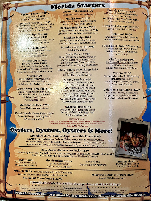 The menu reads like a love letter to Florida's waters – from those famous gator bites to fresh oysters and everything in between.