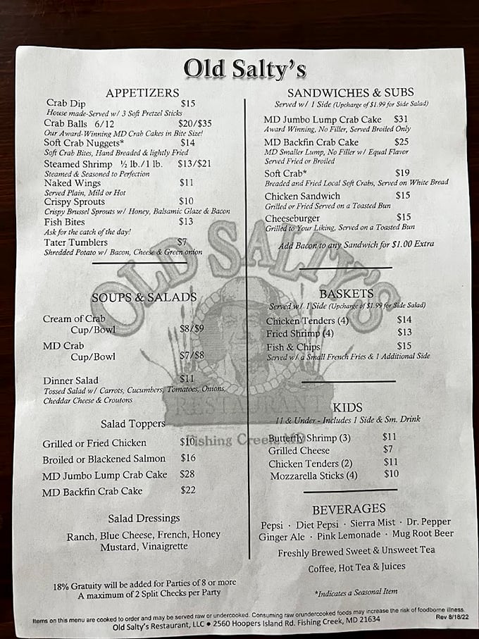 The menu reads like a love letter to the Chesapeake Bay. Each item promises the kind of seafood experience worth crossing county lines for.