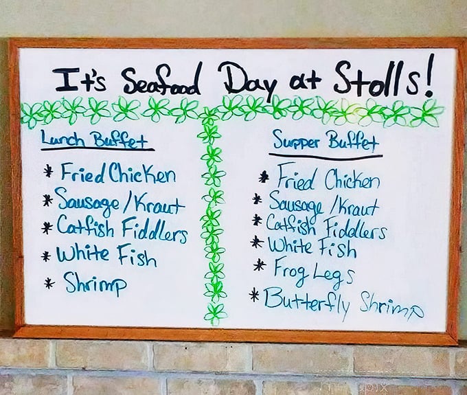 "It's Seafood Day at Stoll's!" announces the handwritten menu board, promising a buffet lineup that would make coastal restaurants blush with seafood envy.