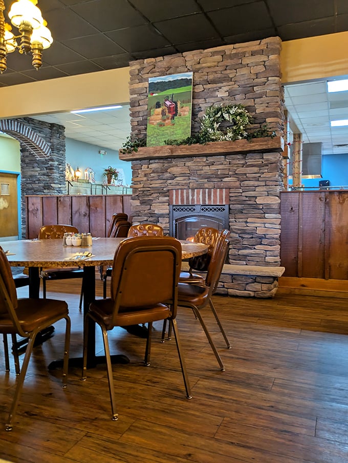 Stone fireplaces and wooden paneling create that "grandma's house" feeling—if grandma could cook for 200 people and had impeccable taste in rustic decor.
