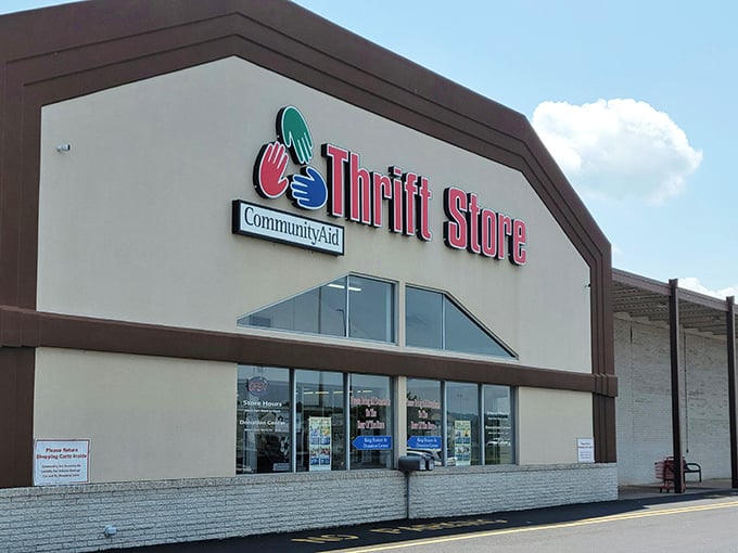 The beige and brown exterior of CommunityAid beckons with its colorful logo—a promise of treasures waiting inside this Selinsgrove thrift paradise.