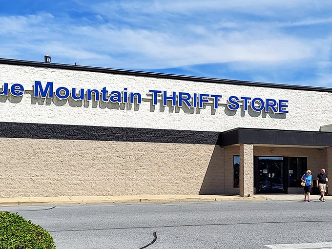 The unassuming exterior of Blue Mountain Thrift Store – where retail magic happens behind a modest façade. Like finding a gourmet restaurant in a gas station, appearances can be delightfully deceiving.