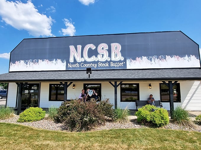 The unmistakable black and white signage of North Country Steak Buffet stands as a beacon for hungry travelers—Wisconsin's equivalent of spotting an oasis in the desert.