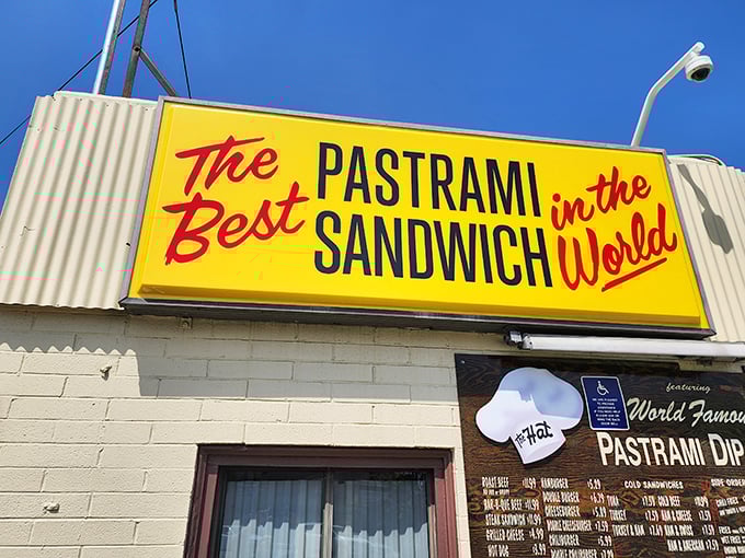 The unassuming yellow exterior of The Hat in Alhambra stands as a beacon of hope for pastrami lovers everywhere. No frills necessary when the food speaks this loudly.