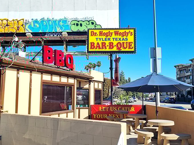 That sign alone is worth the drive! Dr. Hogly Wogly's exterior promises Texas-sized BBQ satisfaction in the heart of Panorama City.