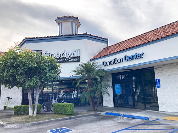 Under moody California skies, this Figueroa Street Goodwill welcomes bargain hunters with its palm-flanked entrance and promise of treasures within.
