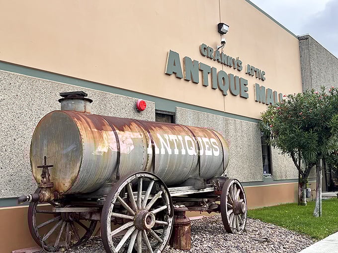 A weathered wagon marked ‘Antiques’ stands proudly outside Granny’s Attic Antique Mall—a fitting welcome to a world of vintage finds inside.