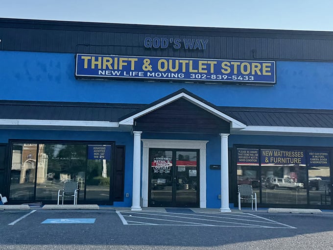 The bright blue exterior of God's Way stands out like a beacon for bargain hunters, promising treasures within that would make any thrifter's heart skip a beat.