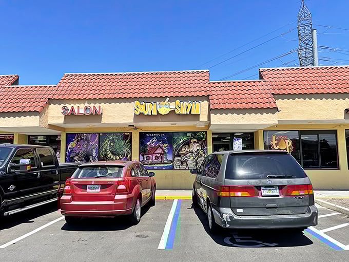 Sunshine bathes the vibrant storefront where anime meets appetite. The colorful character murals practically leap off the windows, beckoning noodle enthusiasts inside.