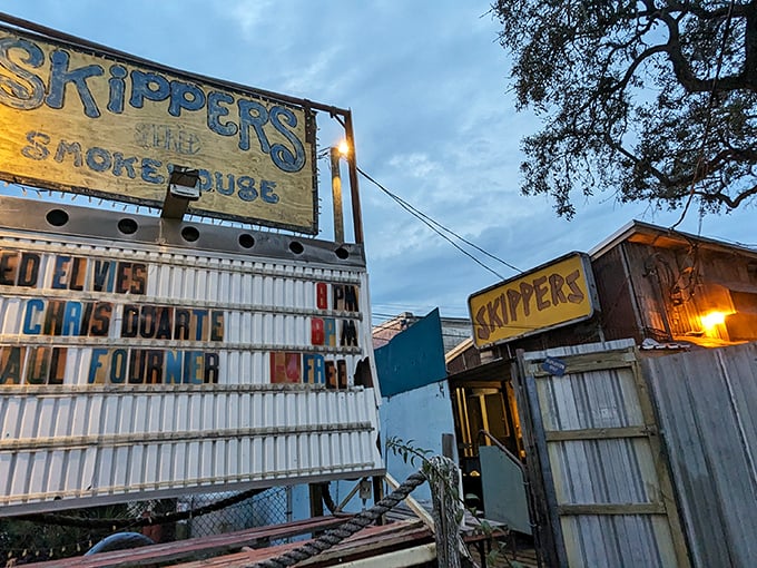 Skipper's other entrance sign glows with character at dusk, promising live music and good eats to anyone lucky enough to stumble upon this Tampa treasure.