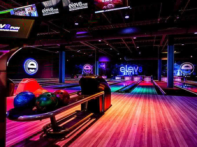 The bowling lanes at Elev8 Fun glow with such vibrant neon colors, you'll feel like you're scoring strikes in a sci-fi movie from the future.