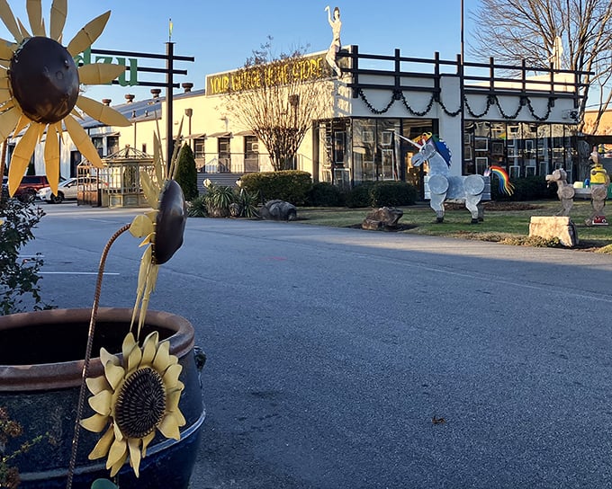 Standing proudly before Kudzu’s bright façade, the unicorn hints that this antique shop is anything but ordinary.