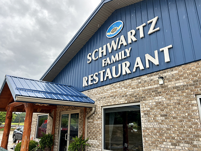 That blue roof isn't just for show—it's a beacon guiding hungry travelers to homestyle heaven in southern Indiana.