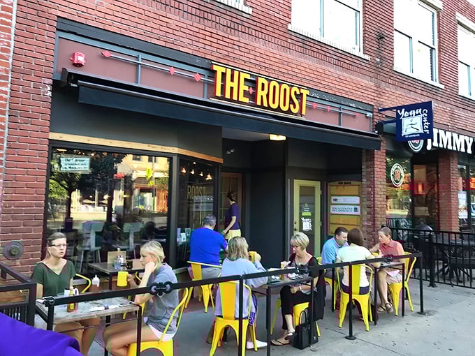 The bright yellow chairs outside The Roost are like little beacons of breakfast hope on Massachusetts Street, promising deliciousness within those brick walls.
