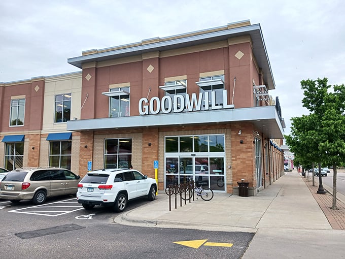 The modern façade of Goodwill St. Paul welcomes bargain hunters with its clean lines and ample parking—thrift store treasure hunting has never looked so inviting.