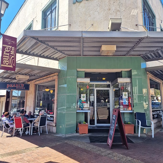 Pearl's Diner's inviting entrance beckons from downtown Laurel, where outdoor seating lets you enjoy your breakfast while watching the town wake up.