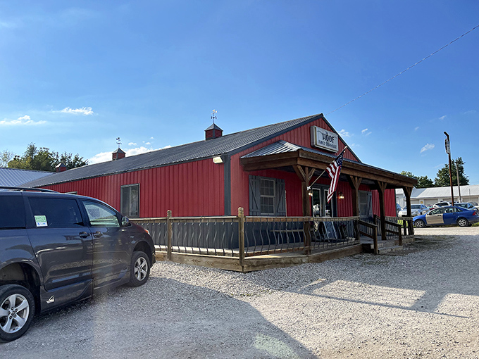 That red barn exterior isn't fooling anyone – inside awaits some of Missouri's finest beef and hospitality.