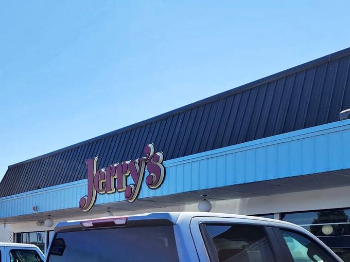 That iconic blue trim and bold signage – Jerry's isn't trying to be trendy, it's trying to be timeless. Mission accomplished.