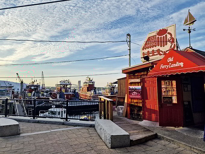 The iconic red shack of Old Ferry Landing stands sentinel over Portsmouth's harbor, where seafood dreams and maritime history meet.