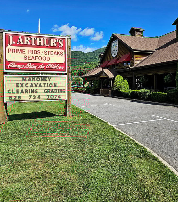 The mountain lodge exterior promises comfort food without the fuss—exactly what you're hoping to find in Maggie Valley.