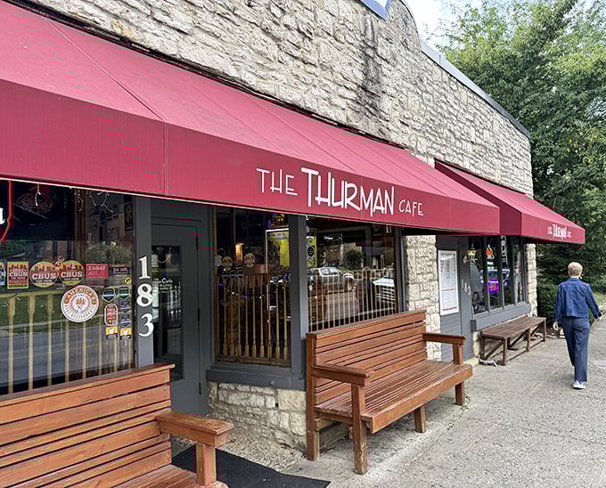 A second view of Thurman's exterior, where wooden benches outside serve as waiting areas for burger pilgrims willing to endure any wait time.