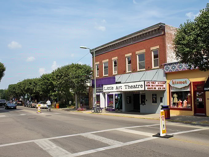 Downtown Yellow Springs welcomes you with its historic brick buildings and the iconic Little Art Theatre, where indie films find their audience in small-town Ohio.