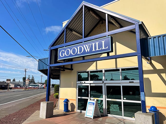 Salem’s Goodwill Outlet may look unassuming, but inside awaits a treasure hunt—and blue skies above hint it’s your lucky day.