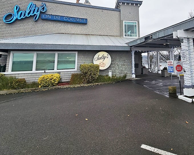 Salty's iconic blue neon sign welcomes hungry seafood lovers like a maritime lighthouse guiding ships to delicious harbor.