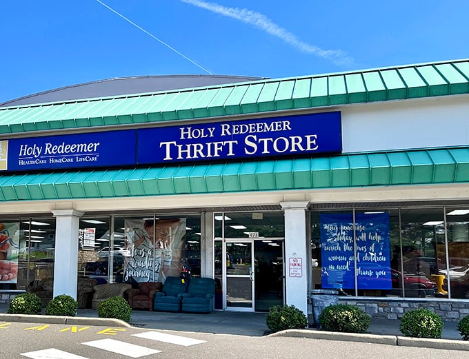 The unmistakable blue and mint-green façade of Holy Redeemer Thrift Store stands like a beacon for bargain hunters across Pennsylvania.