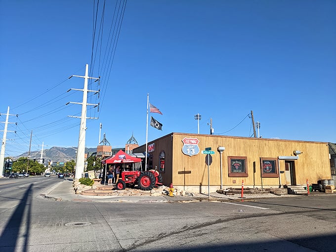 From another angle, Lucky 13 reveals its true character – a humble shrine to burger perfection where the Wasatch Mountains stand guard in the background.