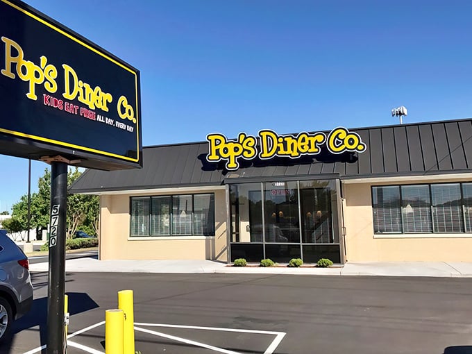 The bright yellow sign of Pop's Diner Co. stands out like a beacon of breakfast hope against Virginia Beach's blue sky. Kids eat free? That's music to any parent's wallet.