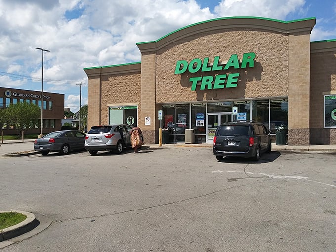 The beige brick stronghold of savings stands tall beneath its teal sign—a shining beacon for bargain hunters in Wisconsin’s western suburbs.