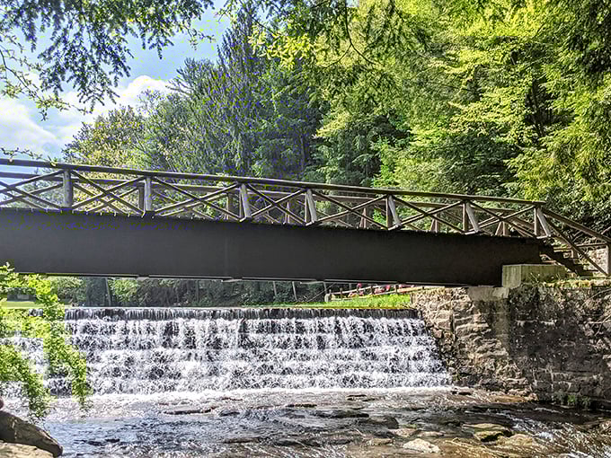 That perfect moment when nature creates its own postcard – a rustic bridge spanning a gentle waterfall, practically begging you to stop and contemplate life's big questions.