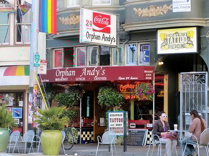 Where Castro Street meets comfort food heaven – Orphan Andy's classic diner facade promises 24-hour salvation for breakfast enthusiasts.