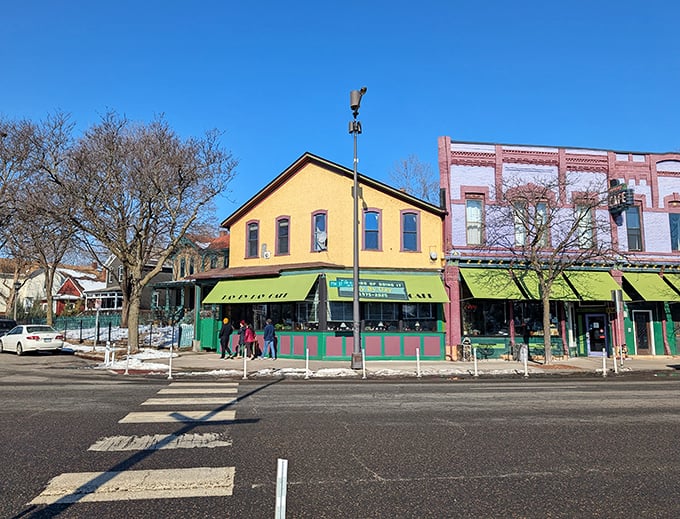 The sunshine-yellow exterior of Day by Day Cafe stands out on West 7th Street like a breakfast beacon calling you home on a crisp Minnesota morning.