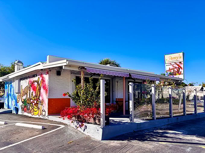 The unassuming exterior of Amy's French Bakery & Bistro proves that culinary treasures often hide in plain sight. That colorful mural hints at the vibrant flavors waiting inside.