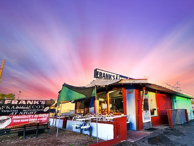 Sunset magic transforms Frank's colorful exterior into a desert mirage of culinary promise. Those vibrant walls aren't just decoration—they're a beacon for breakfast enthusiasts.