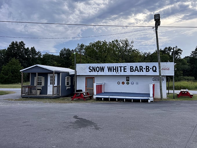 The unassuming exterior of Snow White Drive In stands like a culinary time capsule, promising authentic flavors that no fancy façade could ever improve upon.