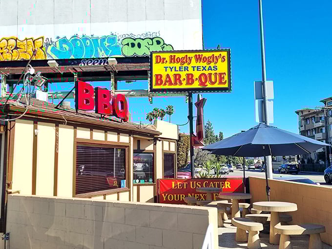That sign alone is worth the drive! Dr. Hogly Wogly's exterior promises Texas-sized BBQ satisfaction in the heart of Panorama City.